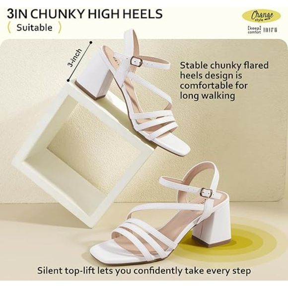 Shoes | Women Chunky White Color Block Heels Square Toe Low Heels ...